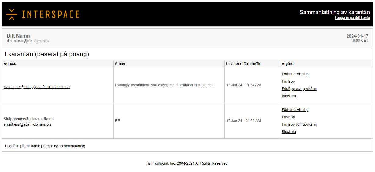 E-postmeddelanden om meddelanden i karantän - Interspace AB - Supportportal